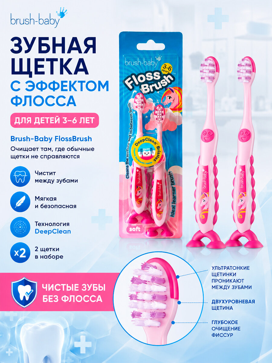 Зубная щётка Brush-Baby FlossBrush, 3-6 лет, единорог, 2 шт