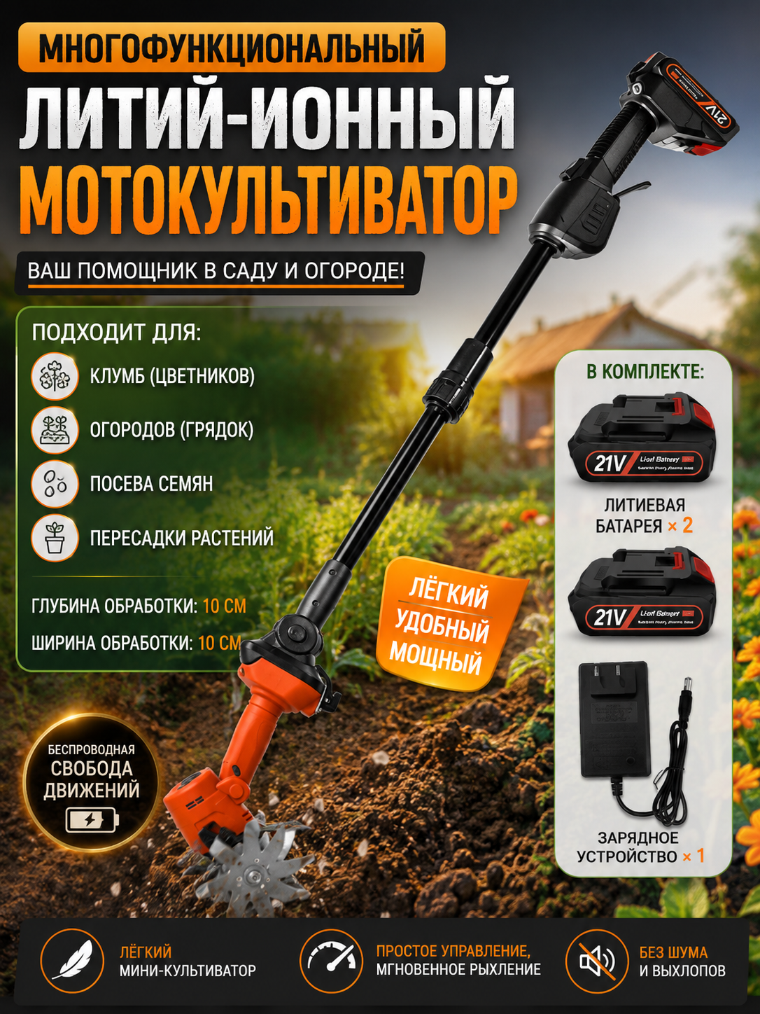 Окучник аккумуляторный, для сада и огорода, легкий и мощный, удобный инструмент для рыхления и окучивания почвы