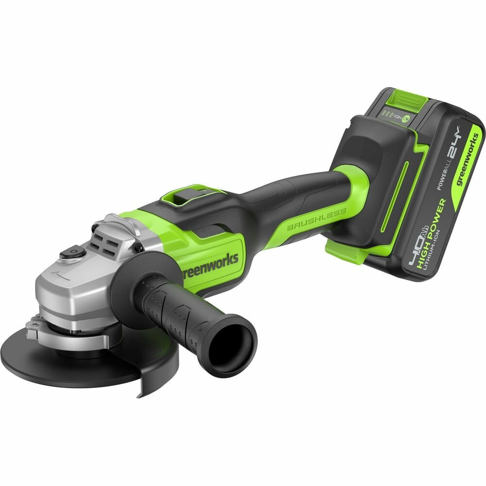 Угловая шлифовальная машина GreenWorks GD24AG, 24V, б/щет, 125 мм, 10500 об/мин,1x4Ач, ЗУ, коробка 3200207VUB