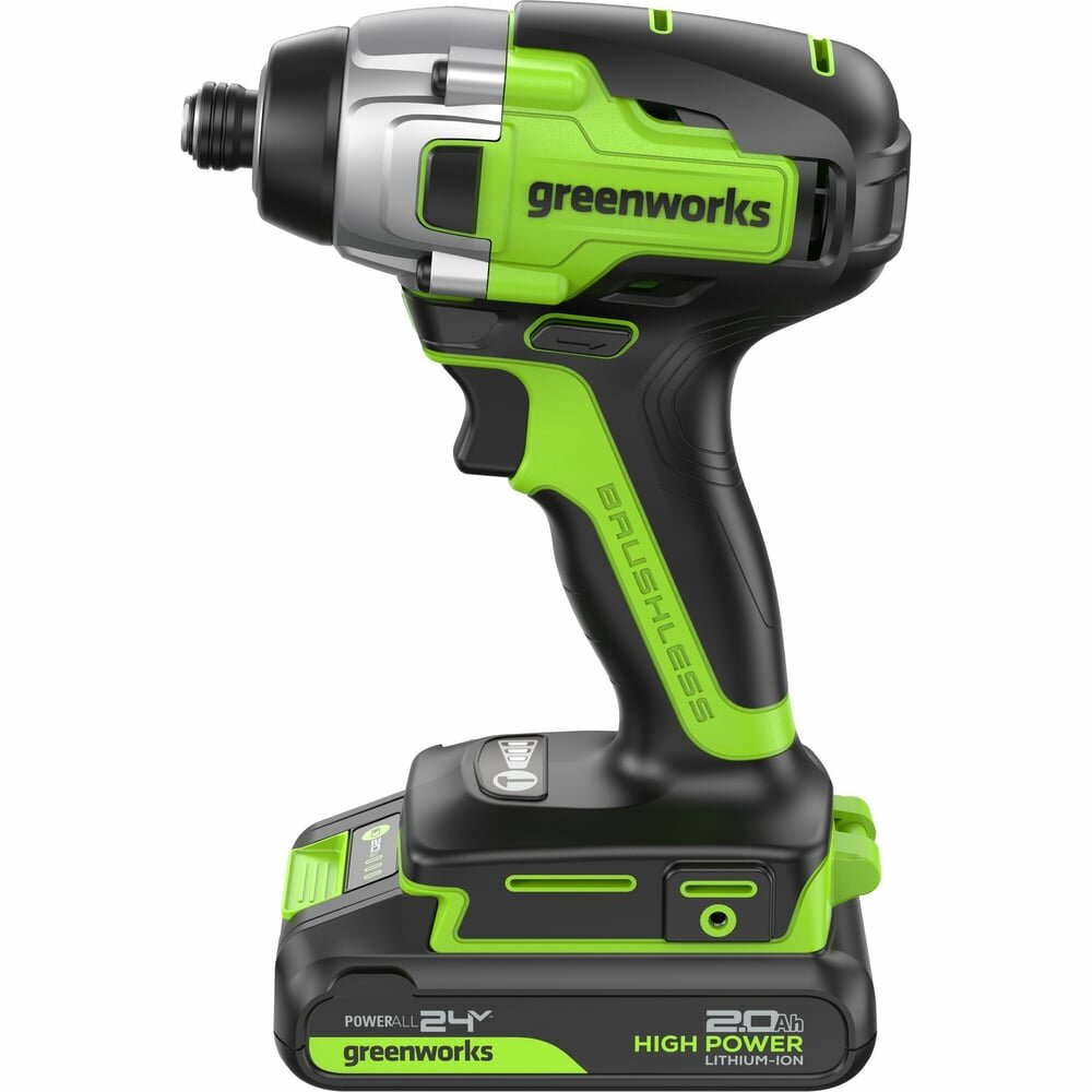 Винтоверт ударный GreenWorks GD24ID3, 24V, б/щет, 0-2800об/мин, 4000уд/мин, HEX 1/4", 300Нм, 3 режима, 1x2Ач, ЗУ, коробка 3802807VUA