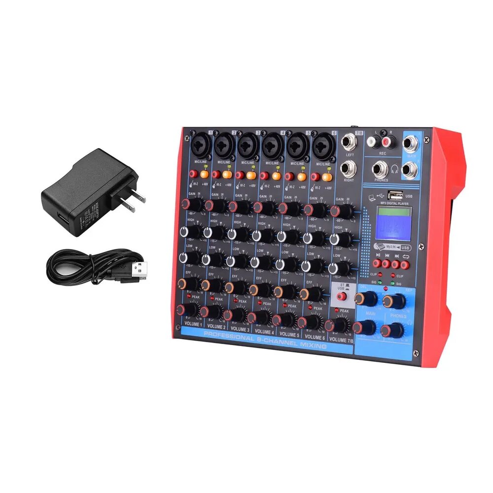 Мини-микшерный пульт, 8-канальный, с USB питанием, для домашней записи и веб-трансляций, красный — фото 1