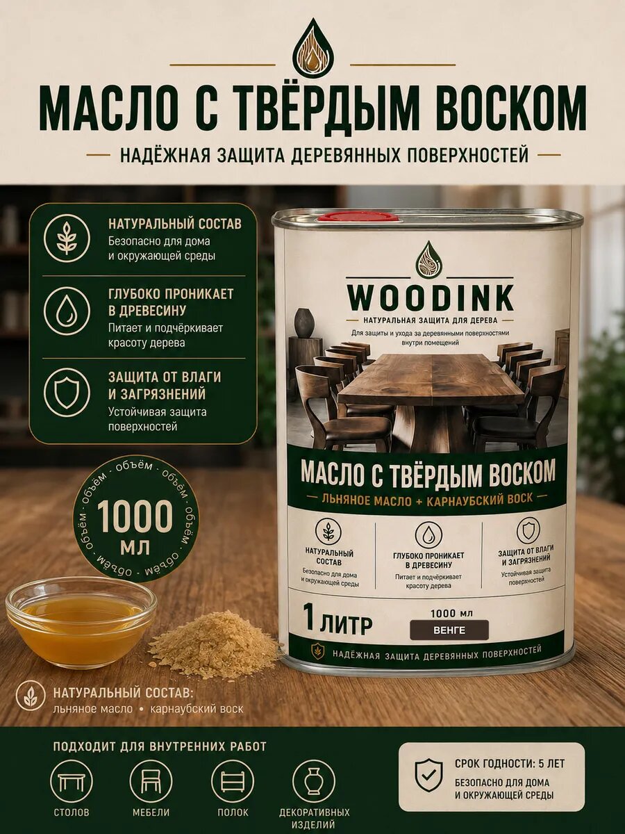 Масло с твердым воском для дерева WOODINK 1 литр, Венге