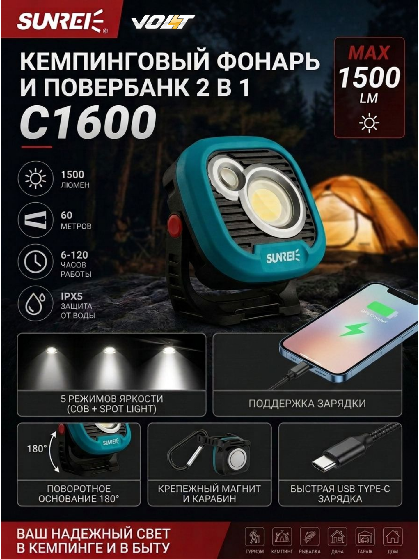 Кемпинговый фонарь и повербанк 2 в 1 Sunrei C1600 (Max 1500 Lm)