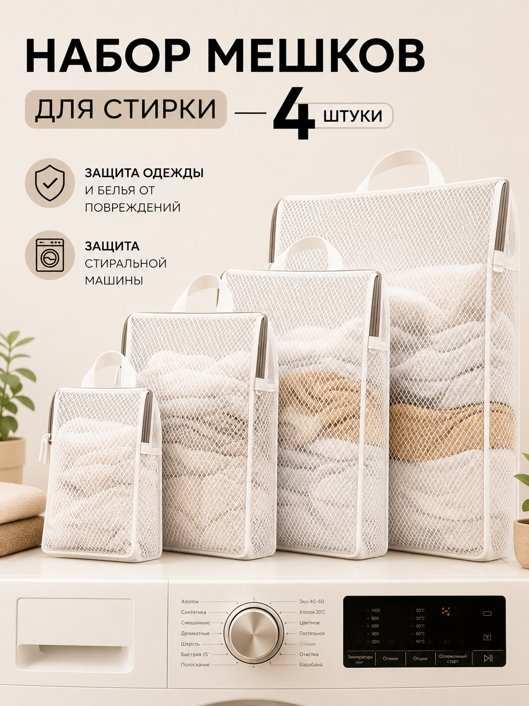 Мешки для стирки - 4 шт. Мешок для бережной стирки нижнего белья, бюстгальтера, вещей, обуви с деликатной молнией