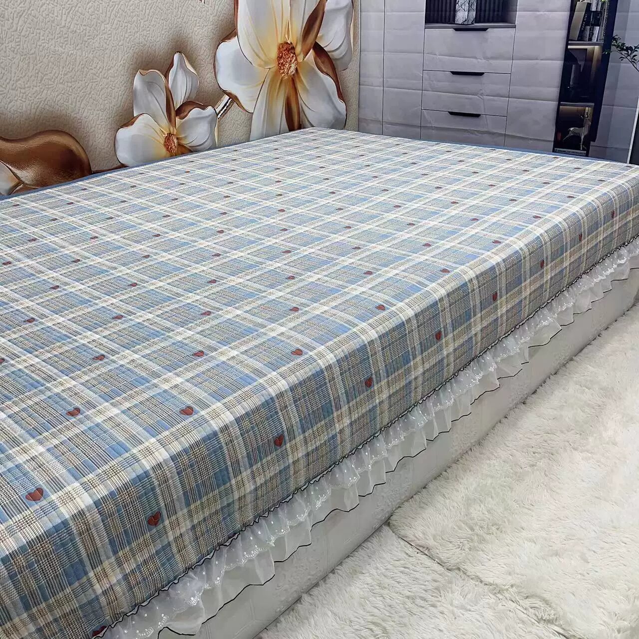Квилт-покрывало с сердечным узором и кружевной отделкой для татами - 400x230 см зимняя утолщенная
