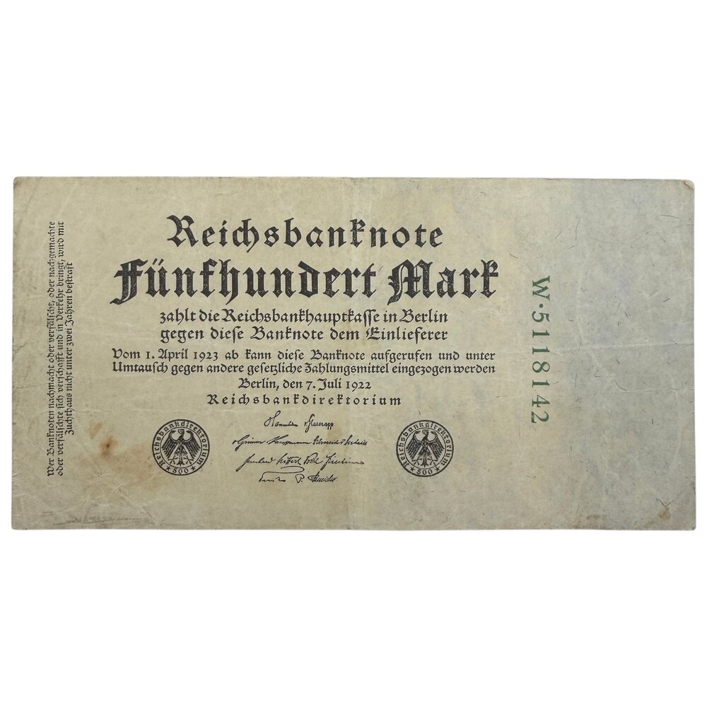 Веймарская республика (Германия) 500 марок 1922 г. (Серия W) (Зелёный 7-значный номер)