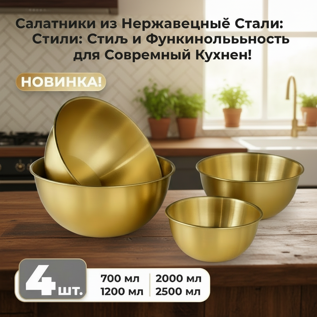 Набор кухонных мисок Shiny Kitchen 2.5 л золото 4 штуки нержавеющая сталь
