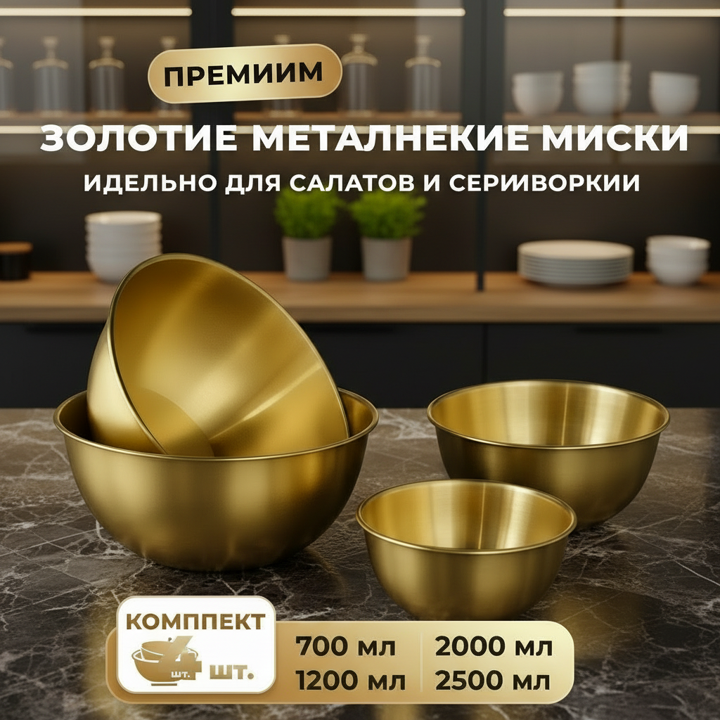 Стальные миски Shiny Kitchen 2.5 литра 4 штуки золотистый глянец