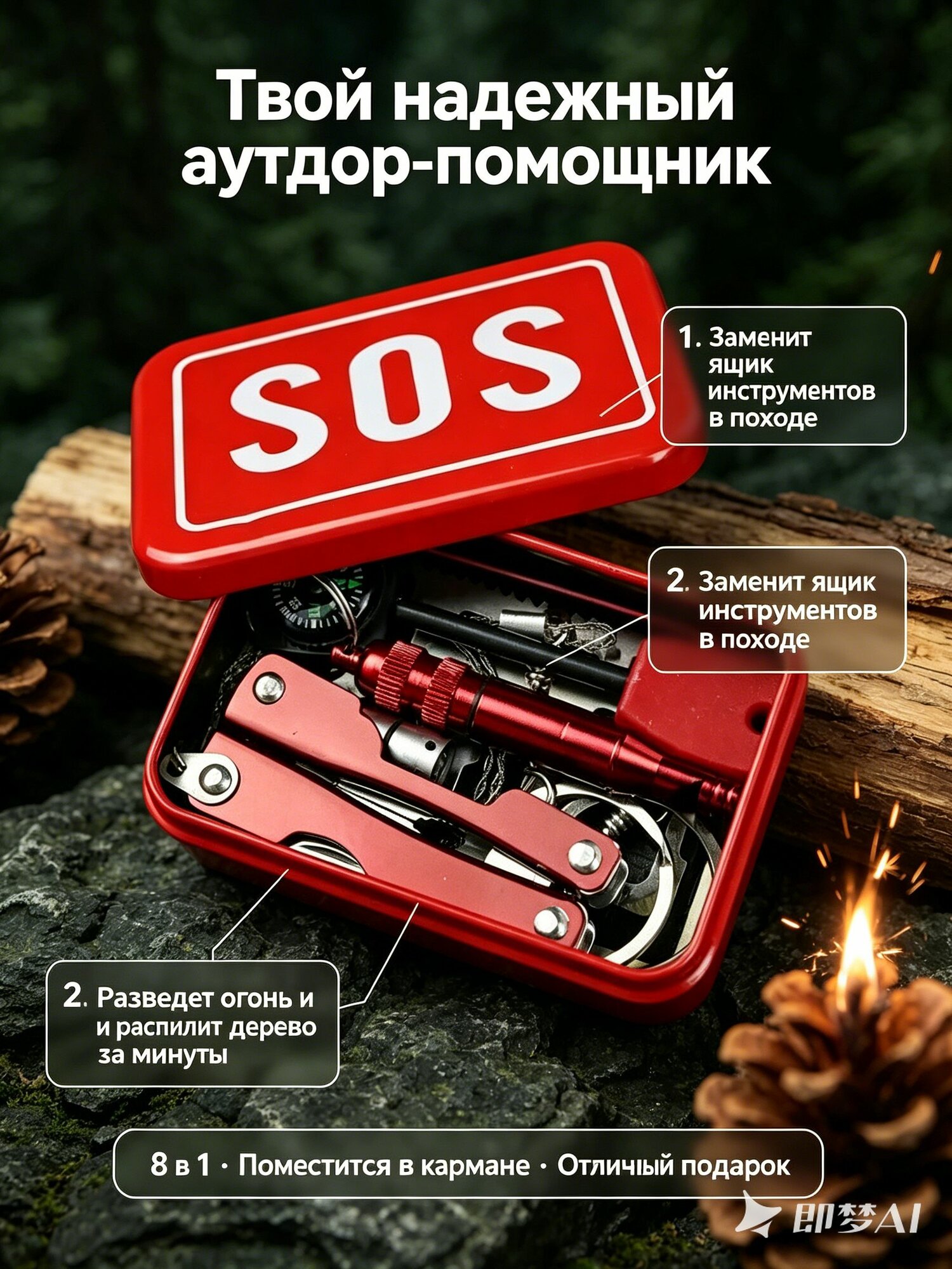 Набор для выживания туристический, 8в1-EDC-аутдор, для кемпинга леса и рыбалки, подарочный комплект мужчине набор 8в1 подарочный набор для рыбалки мужской набор