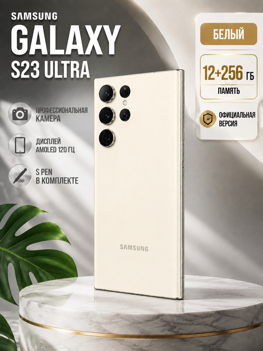 Смартфон Samsung Galaxy S23 Ultra 5G 12 ГБ/256 ГБ, белый, с камерой 200 МП