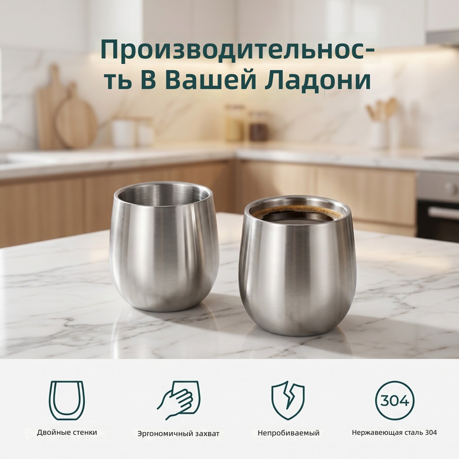 Термостакан в форме яйца из нержавеющей стали 304 с двойными стенками, 200 мл, 2 шт.