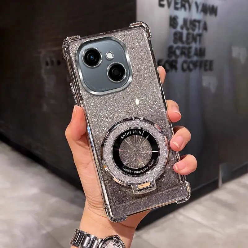 Блестящий чехол на Tecno Spark 40C, серебристый, с кольцом-держателем