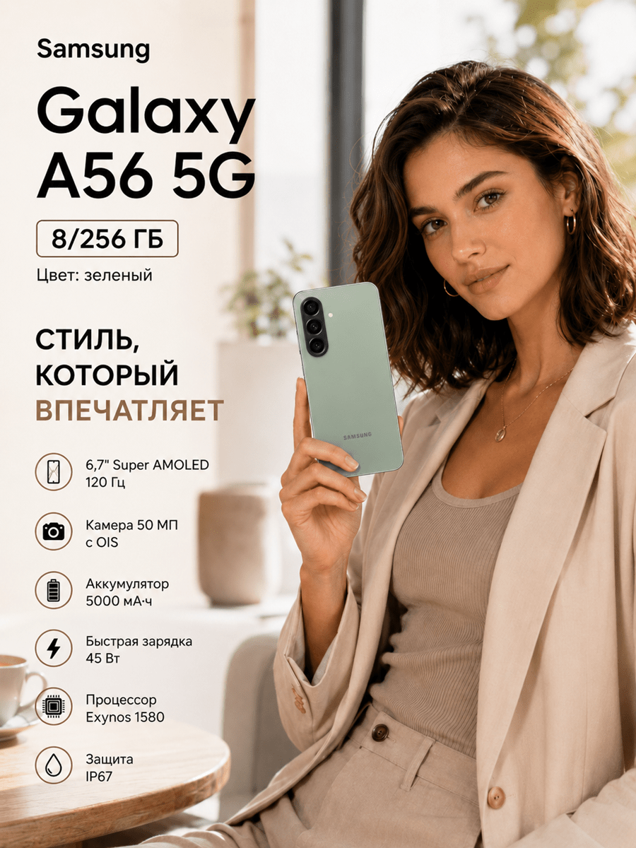 Смартфон Samsung Galaxy A56 5G 8/256 ГБ, Dual SIM, NFC, Super AMOLED 120 Гц, IP67, зеленый（A56-A566E/DS）