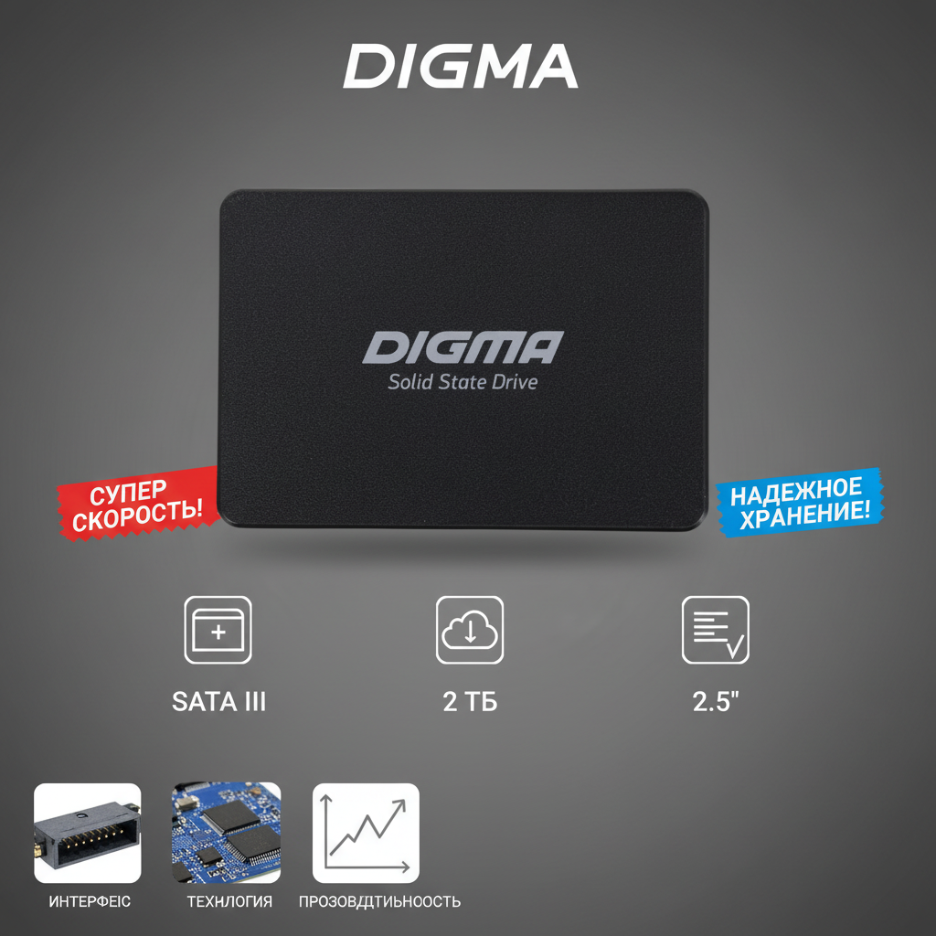 Digma 2 ТБ Внутренний SSD-диск Run S9 SATA III 2.5", 2.5", SATA III (DGSR2002TS93T)