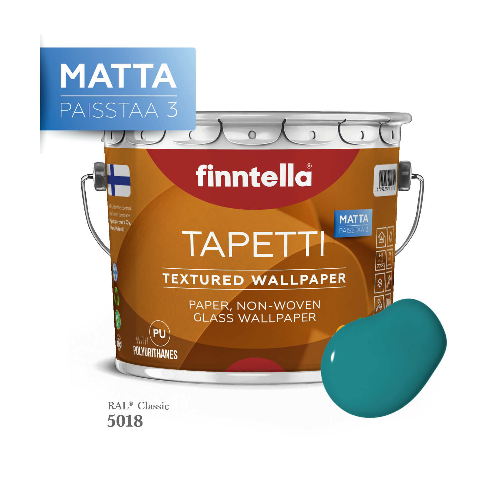 Матовая краска для обоев под окраску TAPETTI Matta FINNTELLA, Цвет RAL 5018 Бирюзово-синий (Turquoise blue), 2,7л