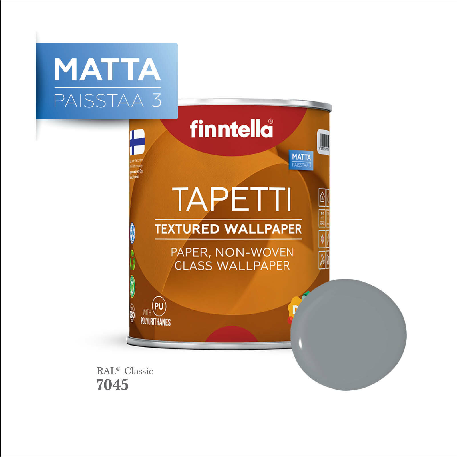 Матовая краска для обоев под окраску TAPETTI Matta FINNTELLA, Цвет RAL 7045 Телегрей 1 (Telegrey 1), 0,9л