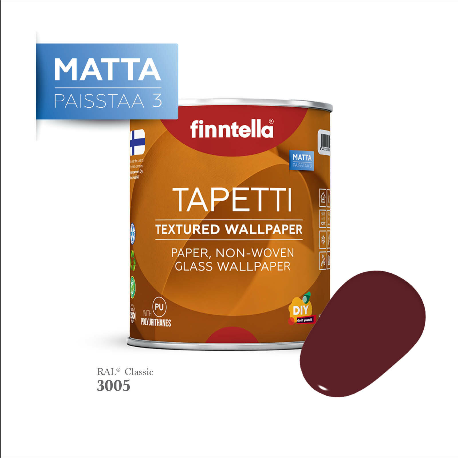 Матовая краска для обоев под окраску TAPETTI Matta FINNTELLA, Цвет RAL 3005 Винно-красный (Wine red), 0,9л
