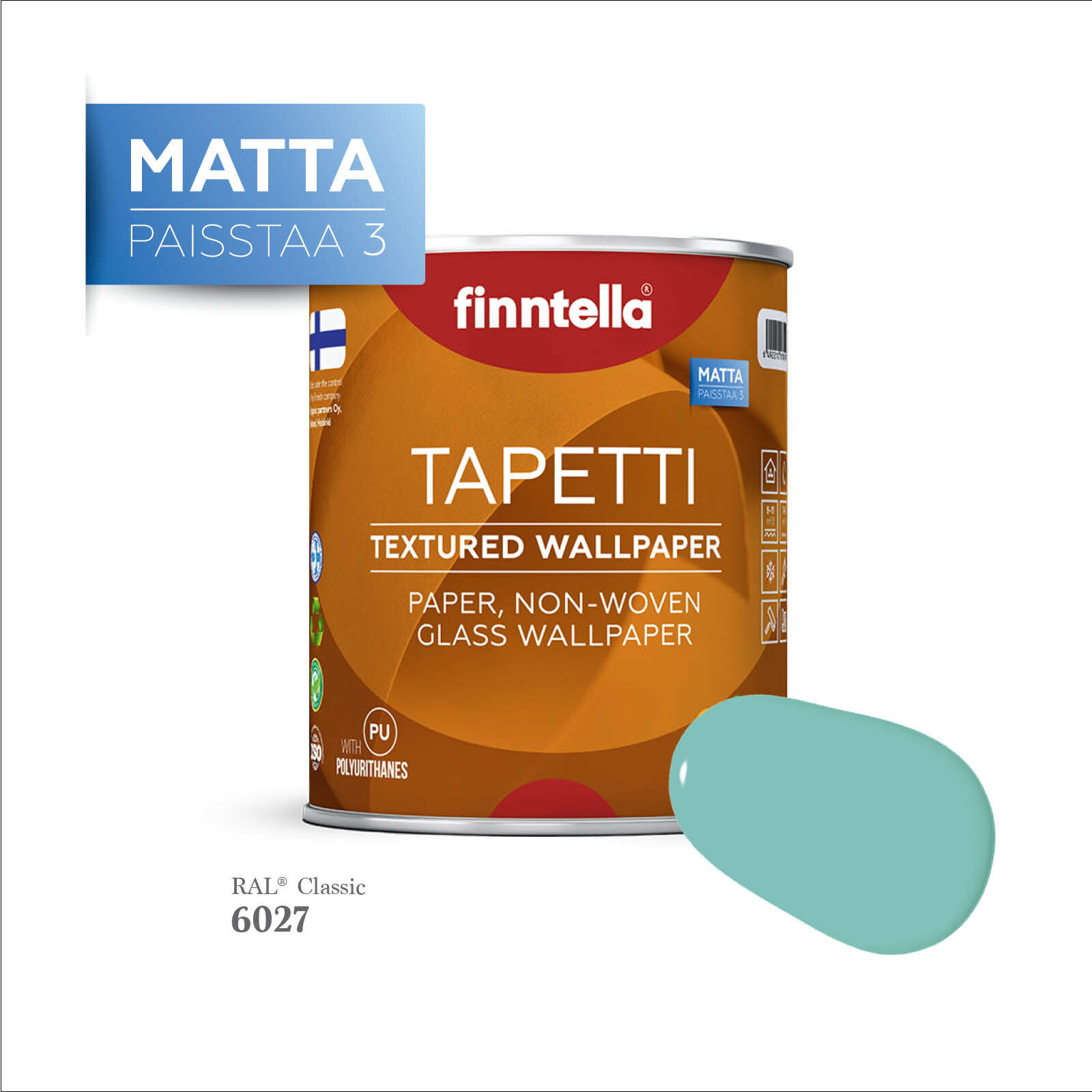 Матовая краска для обоев под окраску TAPETTI Matta FINNTELLA, Цвет RAL 6027 Светло-зеленый (Light green), 0,9л
