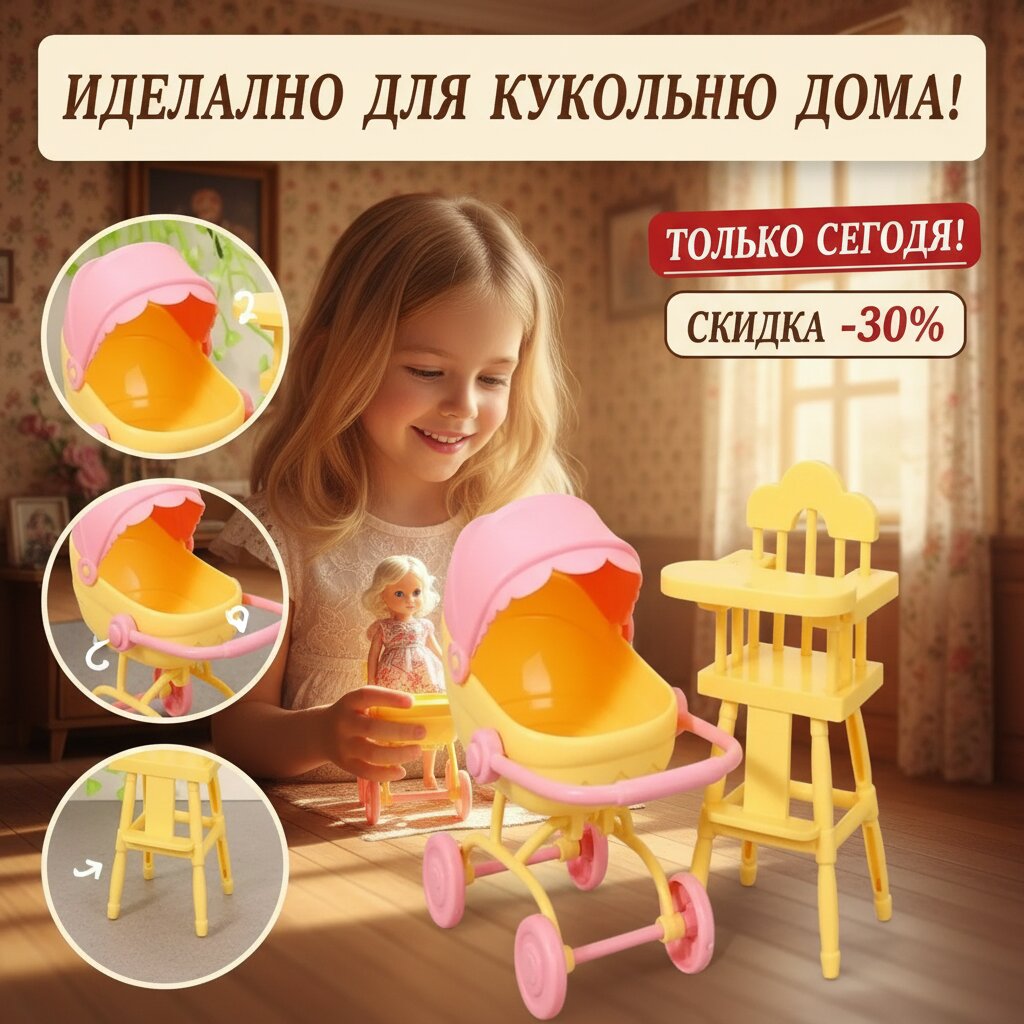 Эксклюзивная коляска для кукольных прогулок с эргономичным дизайном, габариты 9.20x7.30x6.10 см