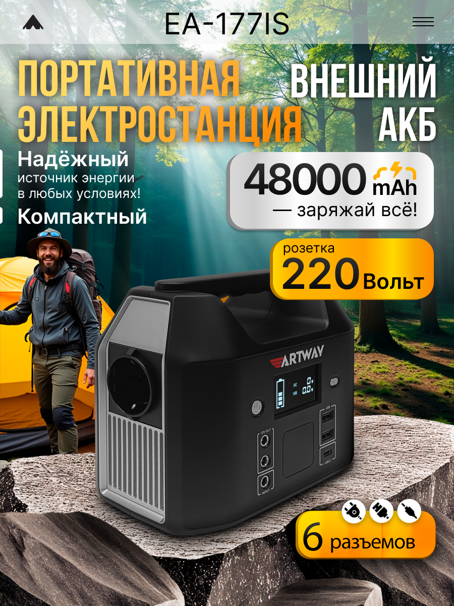 Портативный аккумулятор с розеткой 220В 48000 мАч Artway EA-177IS
