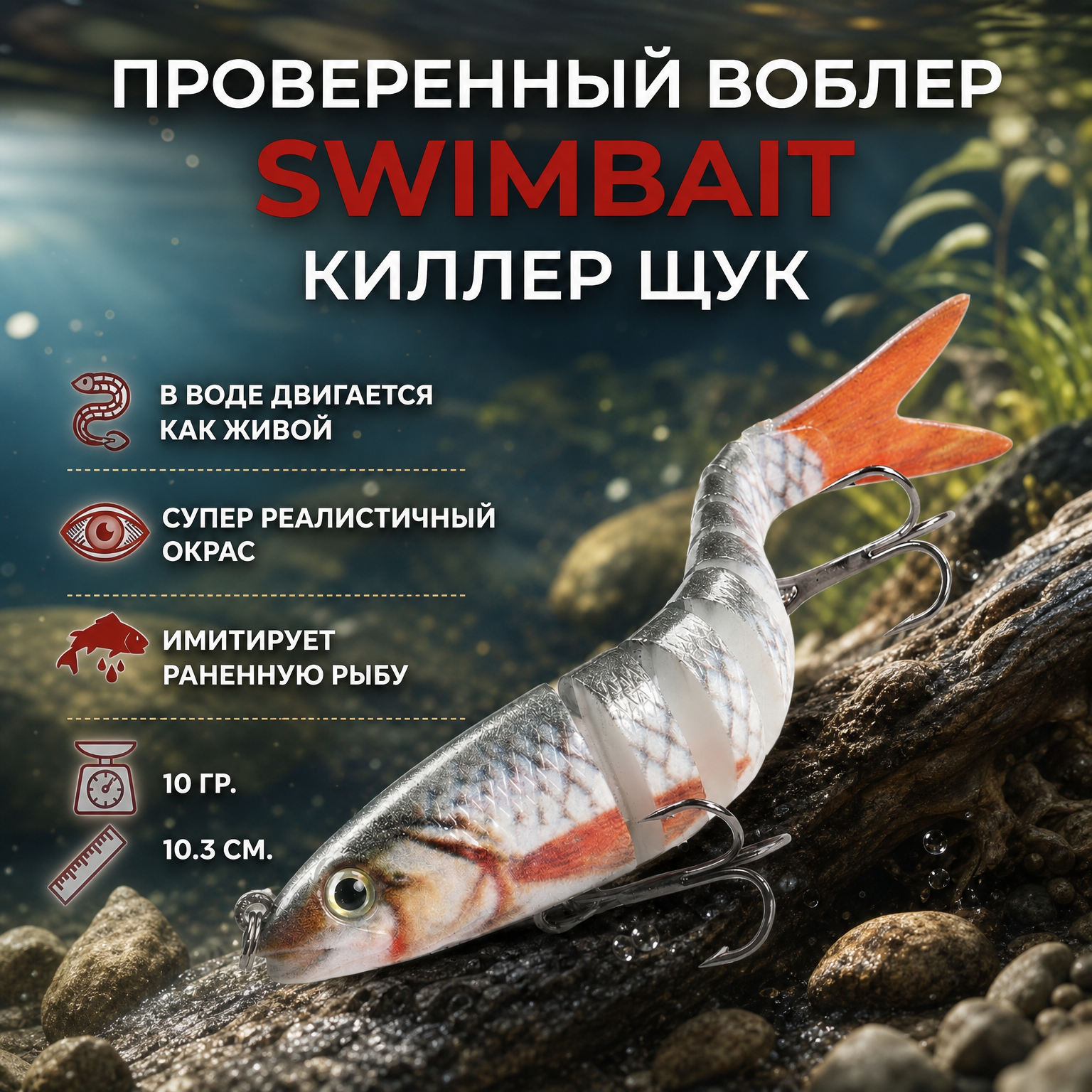 Проверенный воблер Swimbait приманка на щуку, окуня, судака, хищника, тонущий свимбейт 10 гр. 10.3 см (Цвет товара: серебристый; Длина: 10.3 см)