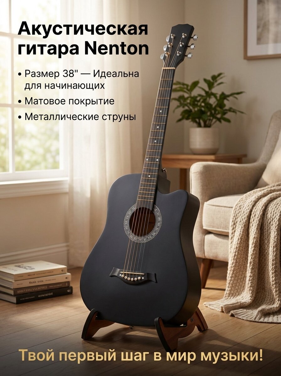 Гитара акустическая Nenton, 6 струн, черный матовый, NT-3800-BKS, для начинающих