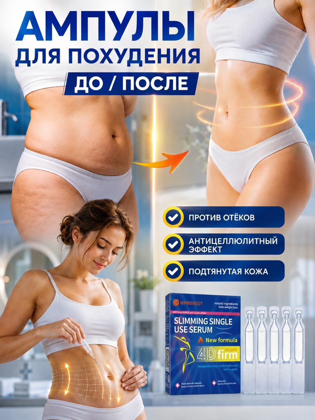 Ампульная сыворотка для стройности и коррекции фигуры, способствует сжиганию жира, подтягивает кожу, уменьшает целлюлит и отечность, для живота, талии и ягодиц, 20 шт. антицеллюлитная лифтинг жиросжигающая для похудения
