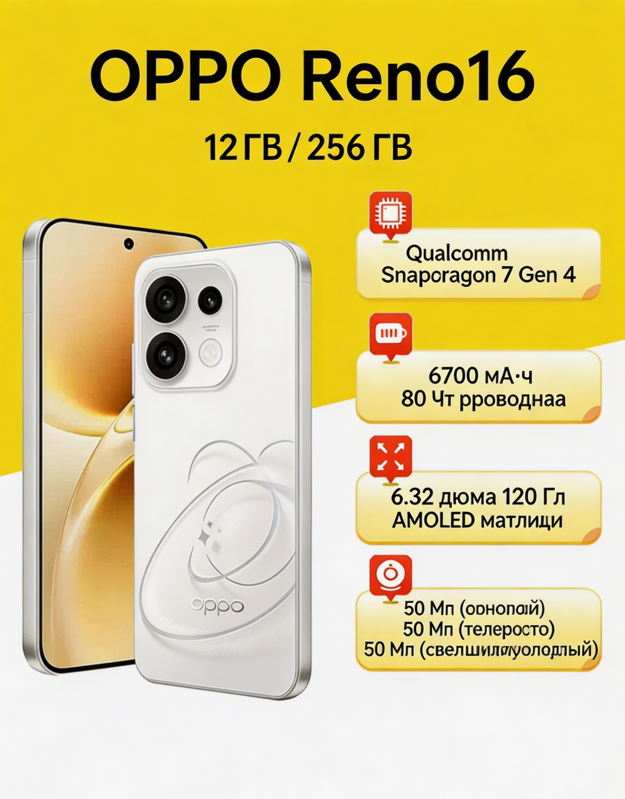 Смартфон OPPO Reno16 5G 12/256 ГБ EAC (Ростест) Snapdragon 7 Gen 4 50+50+50 МП 6700 мАч Белый
