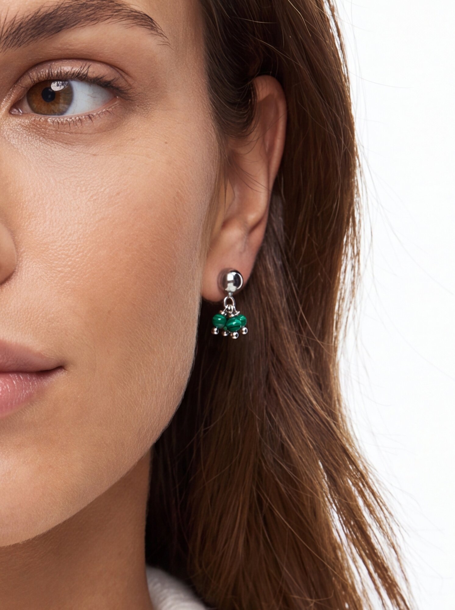 Серьги с подвесками LU Jewel, малахит, размер 6 мм, зеленый, серебряный