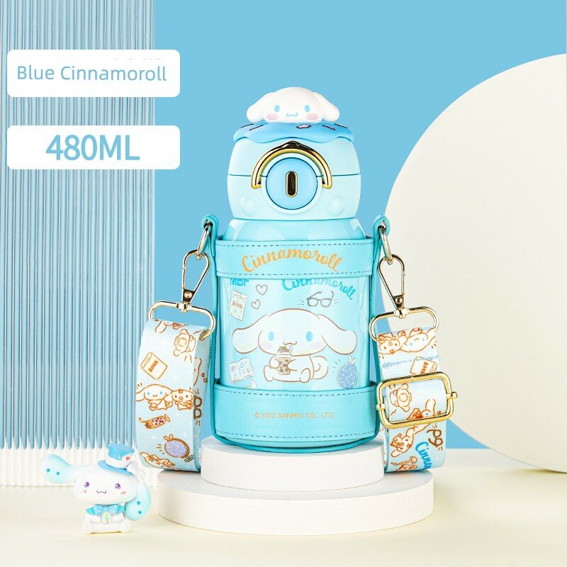 Hello Kitty детьми двойная крышка термосовая бутылка с трубкой, 480 мл, синий цвет, непроливаемая для школы