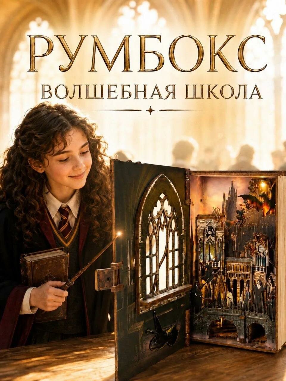Румбокс интерьерный конструктор книжный Book Nook: Полет над Хогвартсом, букнук миниатюра, подарок
