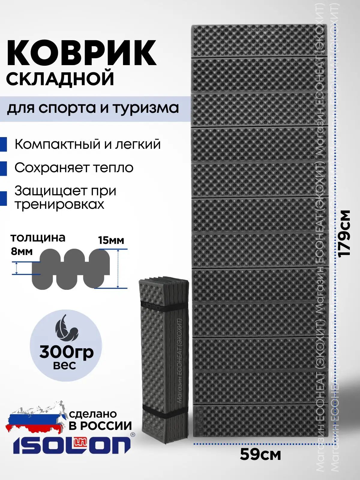 Коврик туристический складной кемпинг флекс / ISOLON / Походный, демпфирующий, армейский, не промокает, 2 резинки в подарок, складывается в толстую сидушку-