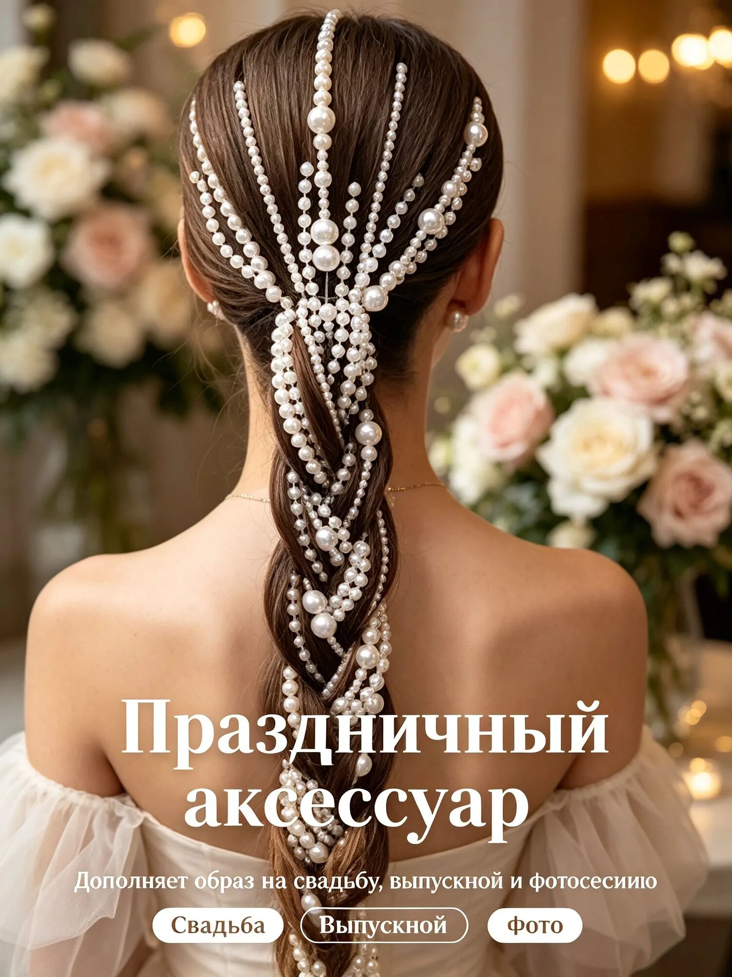 Заколка для волос с жемчужными нитями, белый перламутр, длина 53 см, для свадьбы и выпускного