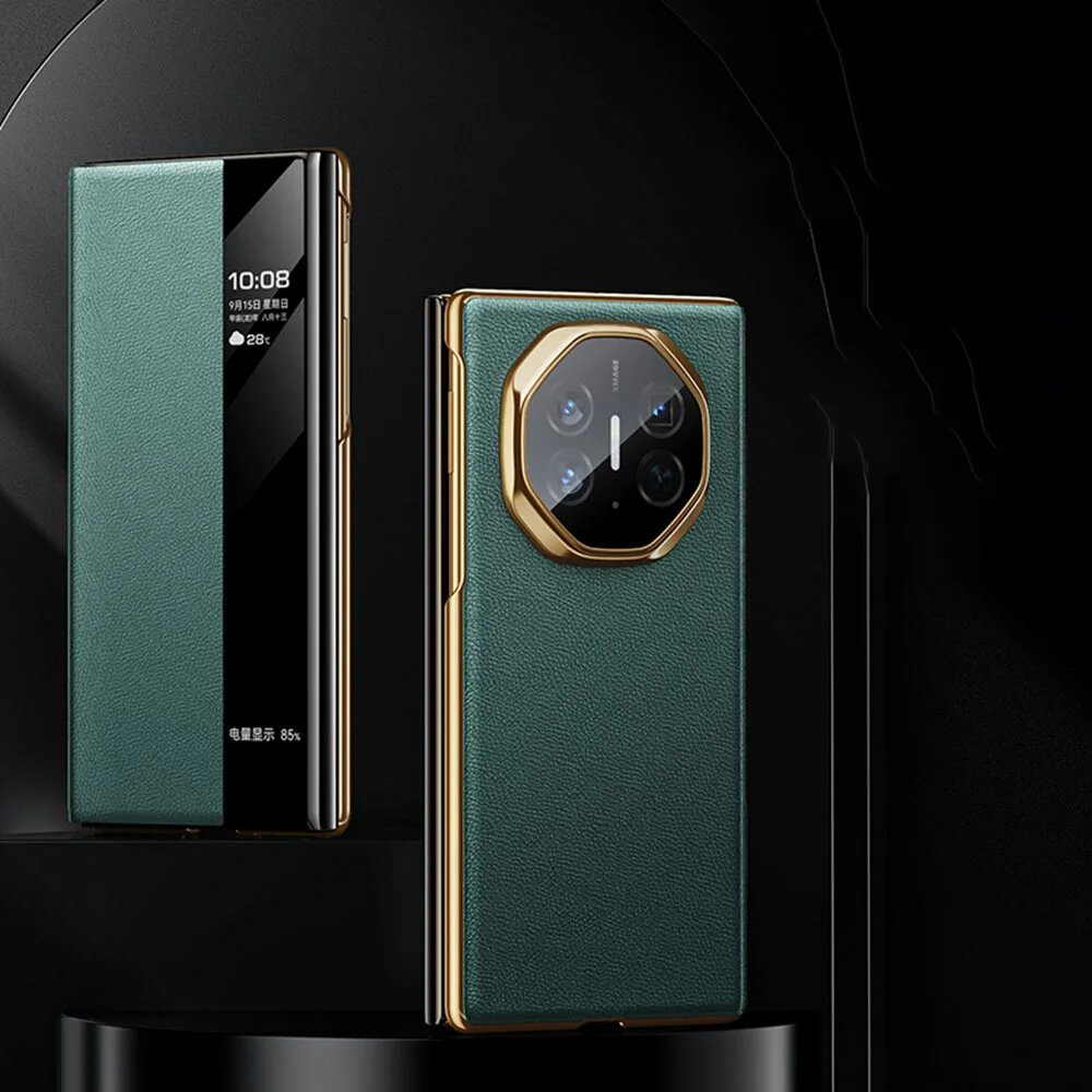 Чехол Huawei Mate XT Ultimate, темно-зеленый, кожаный с окошком