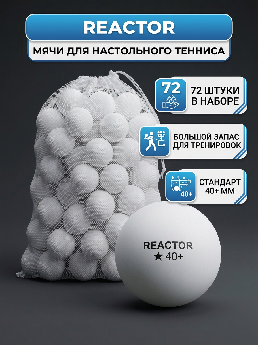 Мячи для настольного тенниса, REACTOR, 72шт, 1*, белые, TT B72W