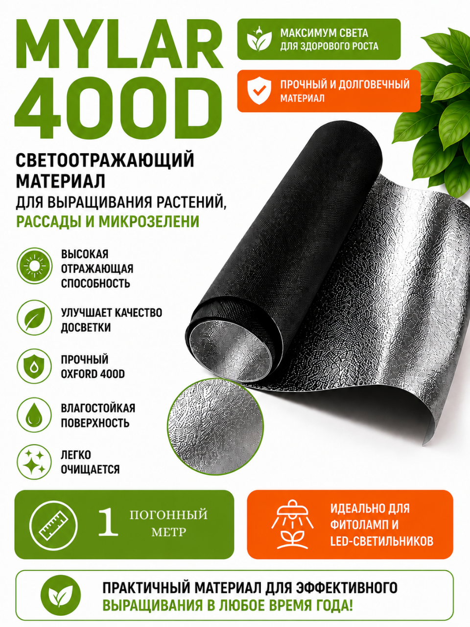 Светоотражающая ткань для гроубоксов Майлар 400D 1.45м х 1м черно-серебристая