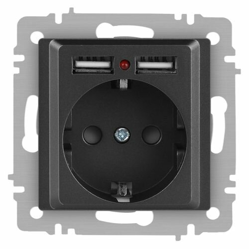 Розетка 1-м СП Accent 6-410-07 16А IP20 250В P+E Schuko + 2хUSB защ. шторки графит Intro Б0063702