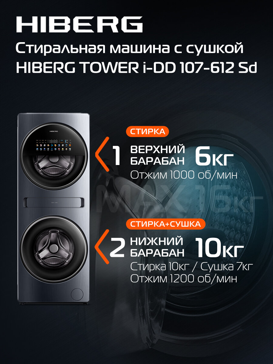 HIBERG TOWER i-DD 107-612 Sd стирально-сушильная машина c двумя барабанами, инвертор, прямой привод, 1200 оборотов/мин