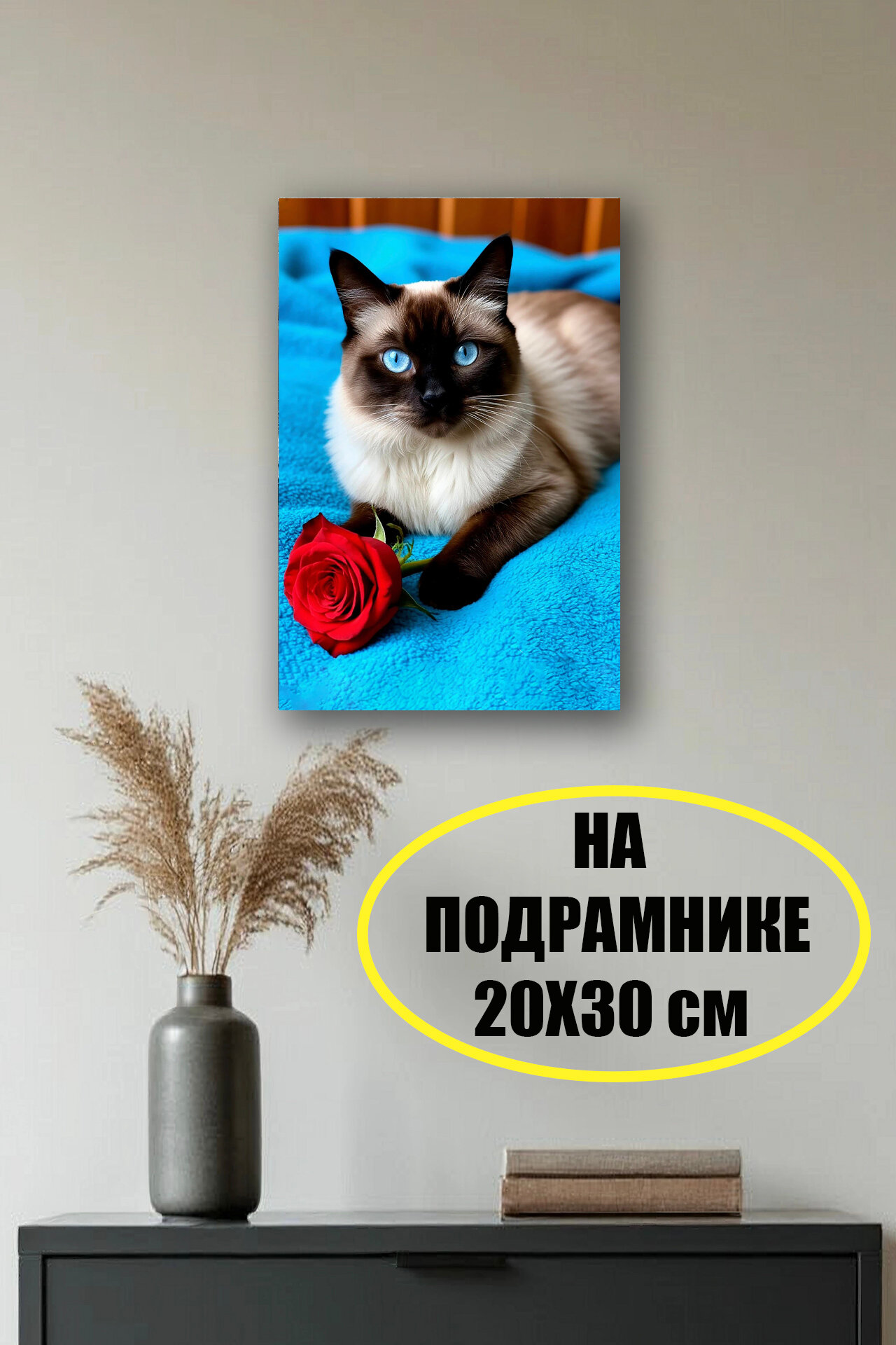 Постер на стену сиамская кошка на подрамнике 20х30, постеры цветы, картина на подрамнике 30х20 котик с розой интерьерная