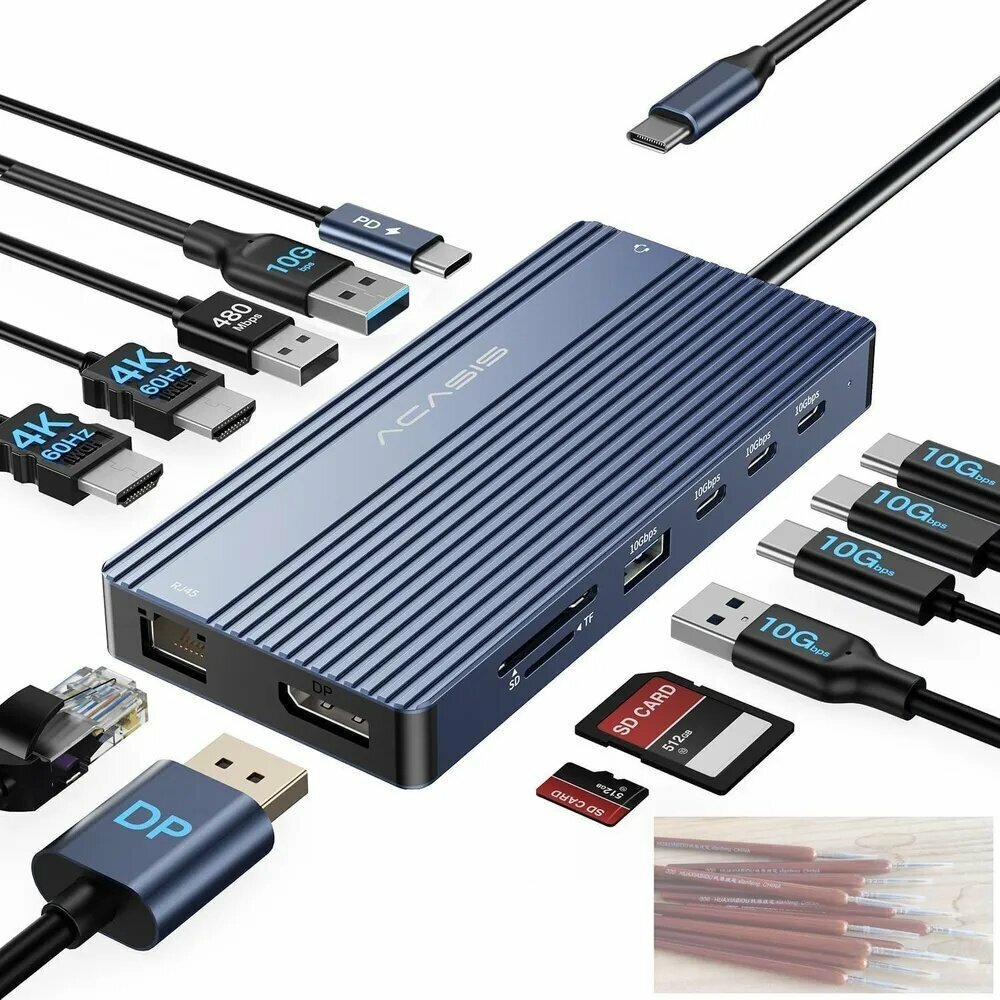 Acasis USB-C док-станция 10Gbps, 2HDMI + DP 4K60Hz, 3 монитора, PD 100W, RJ45 Gigabit, SD/TF, USB-A/C, аудио 3.5мм, алюминиевый корпус, для ноутбука (DS-0202EN)