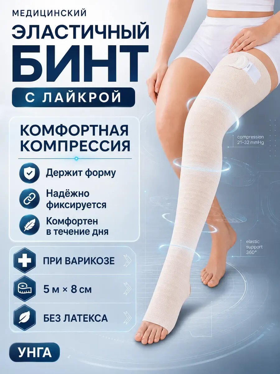 Эластичный бинт компрессионный медицинский средней растяжимости 5м x 8см, белый.