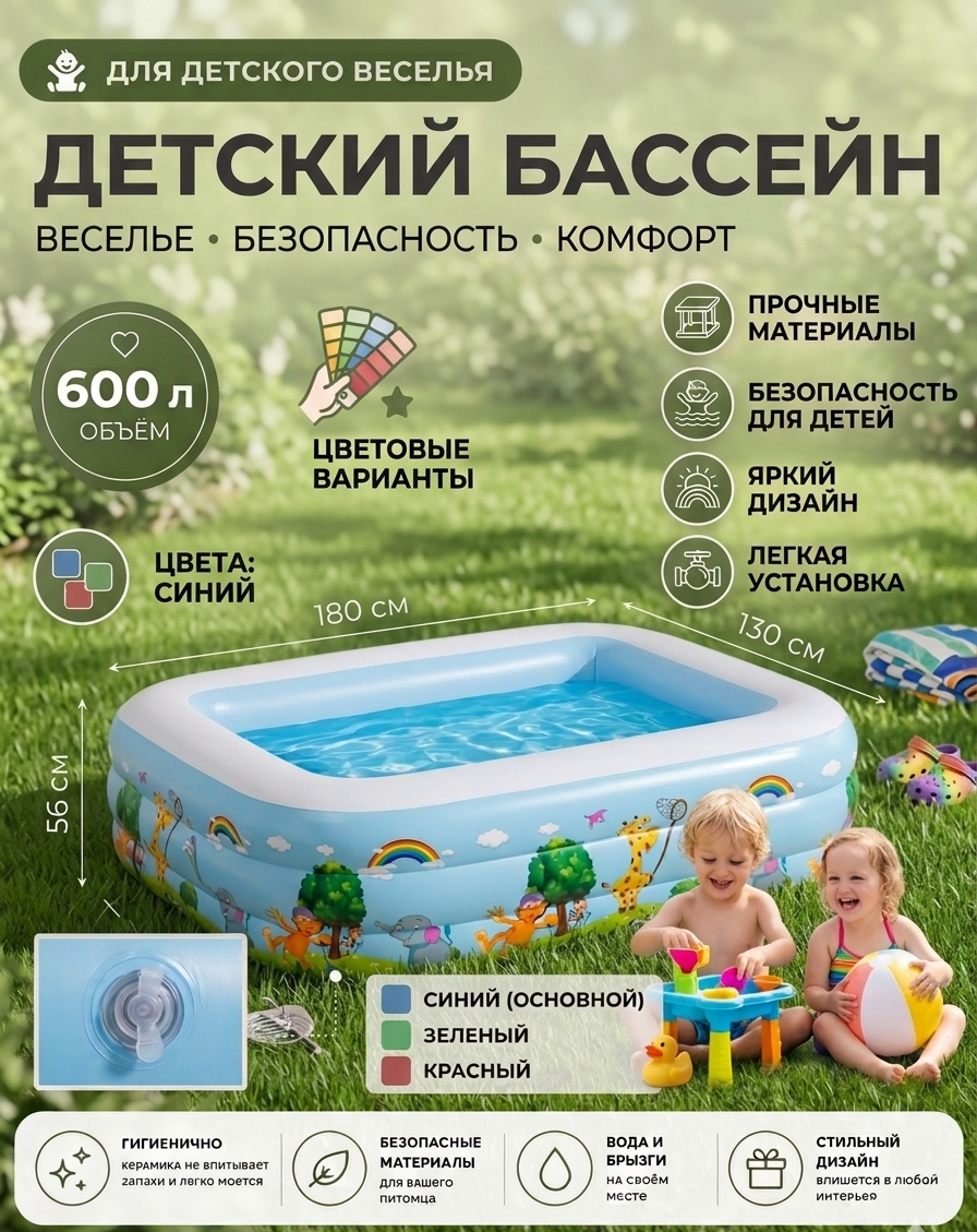 Детский надувной бассейн S63114, прямоугольный, от 3 лет, 180х130х56 см