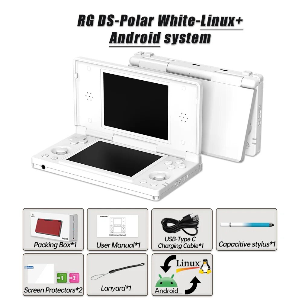 Anbernic RG DS Retro портативная игровая консоль 4 дюйма With Bag, White 64G Linux
