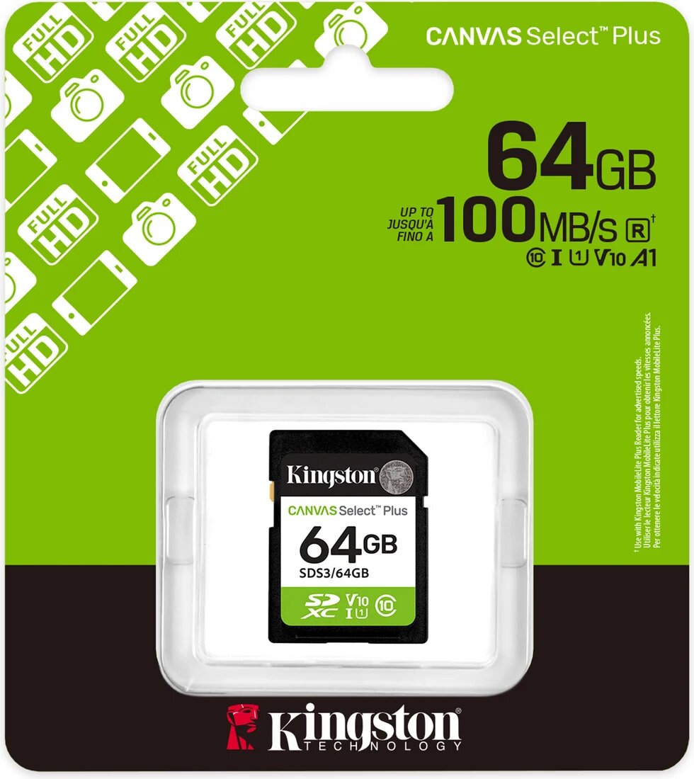 Карта памяти Kingston Canvas Select Plus SDS3, 64ГБ, класс скорости V30, SDXC