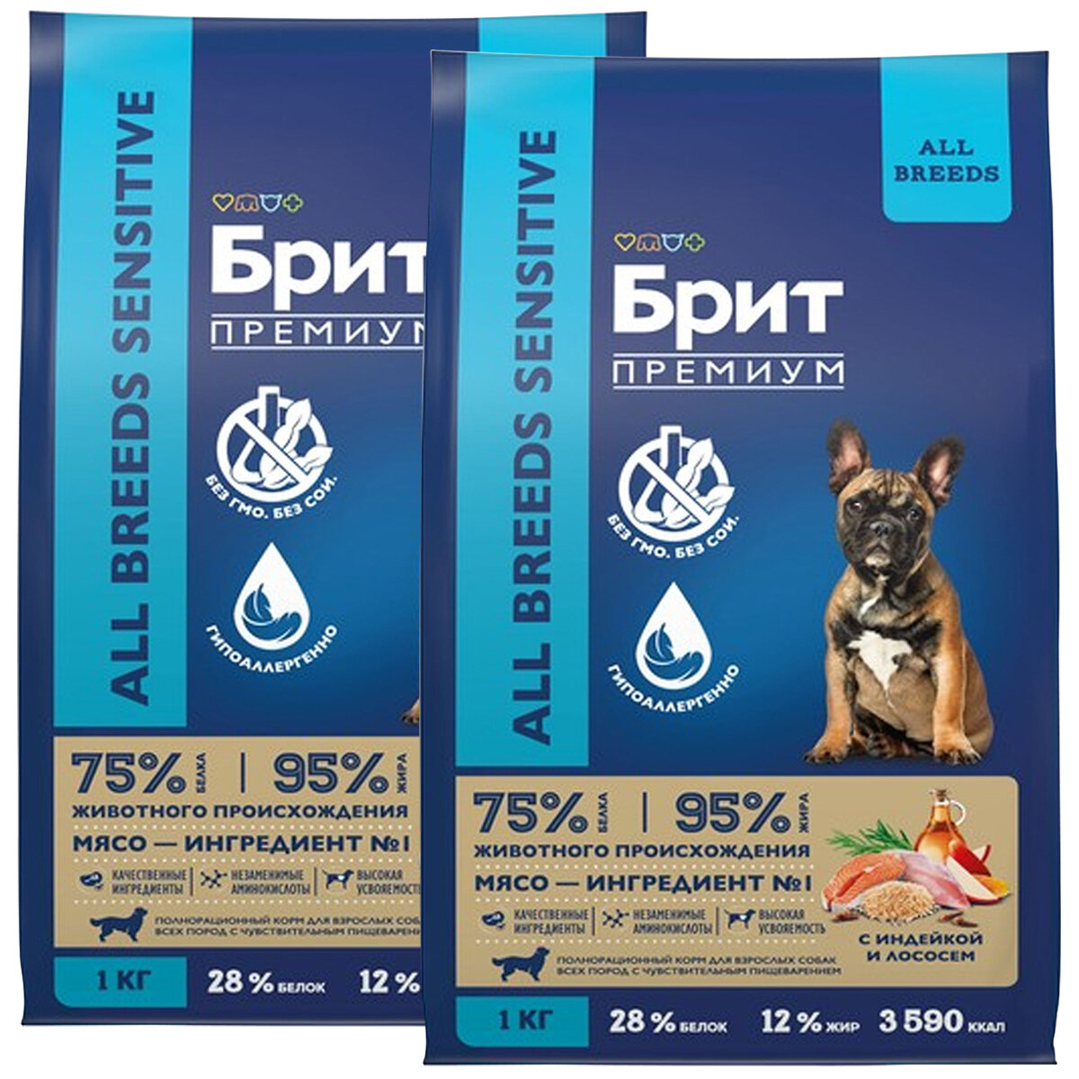 BRIT PREMIUM DOG ADULT SENSITIVE для взр собак всех пород с чувст пищ с лососем и индейкой NEW 1 + 1 кг