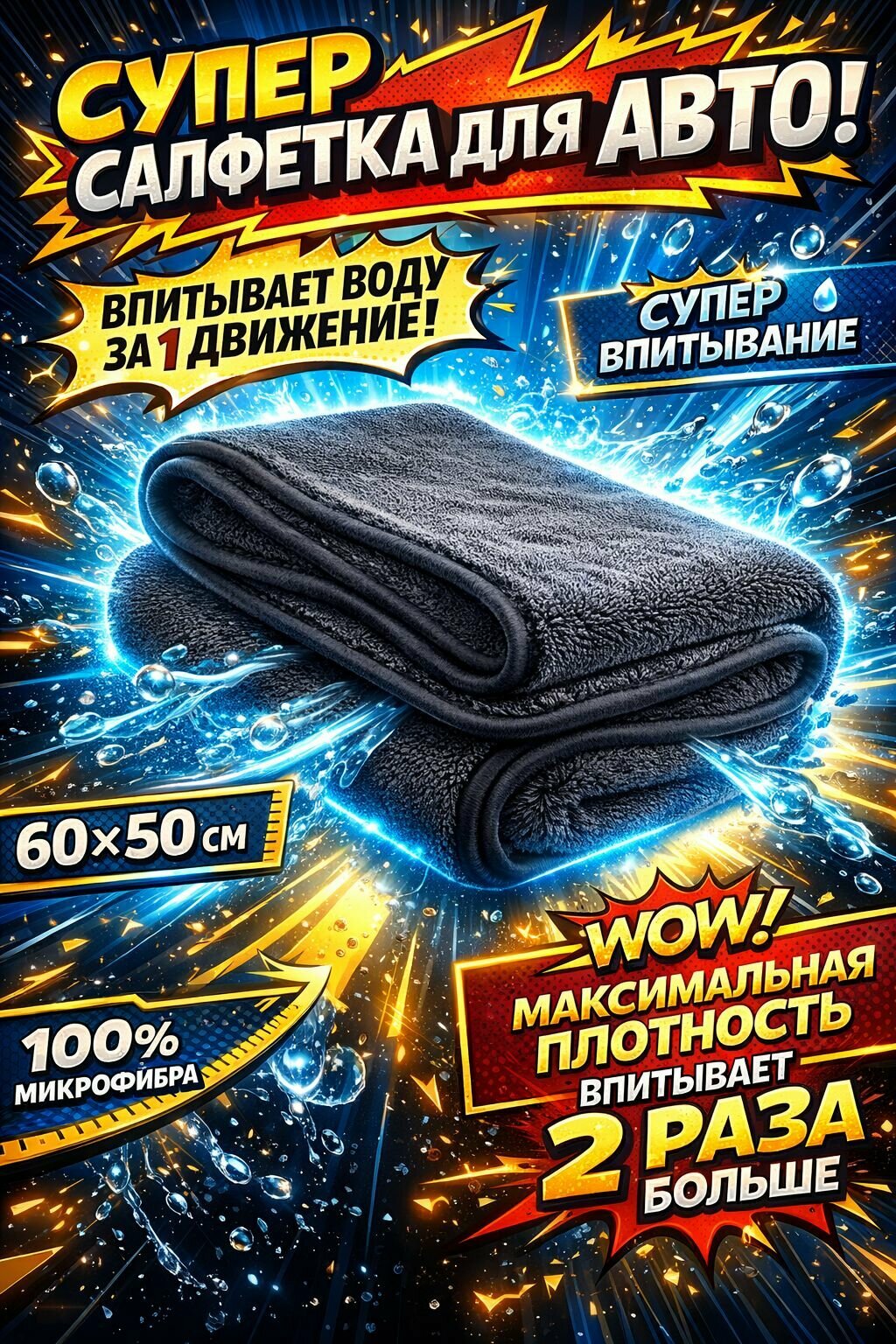 Микрофибра для авто, 60*50 см для уборки авто микрофибровая салфетка