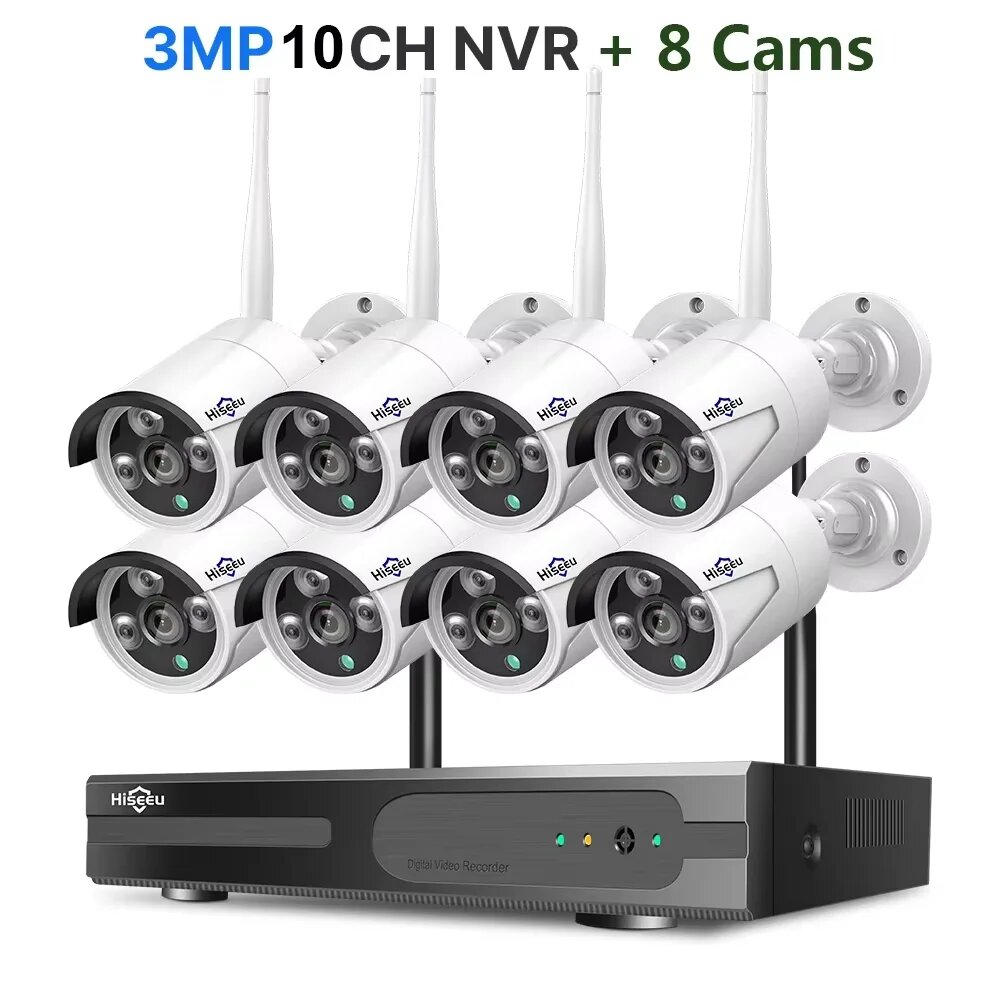 Комплект охранной системы Hiseeu 10CH NVR с беспроводными IP-камерами WIFI разрешением 3/5MP с детекцией людей, ночным видением, односторонним аудио и беспроводной системой видеонаблюдения CCTV
