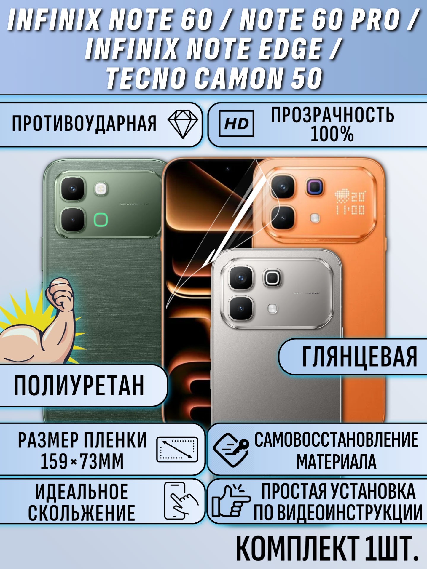 Гидрогелевая пленка Infinix Note 60 / 60 Pro / NOTE Edge / Tecno Сamon 50 / инфиникс нот 60 / 60 про / нот эдж / техно камон 50 защитная полиуретан