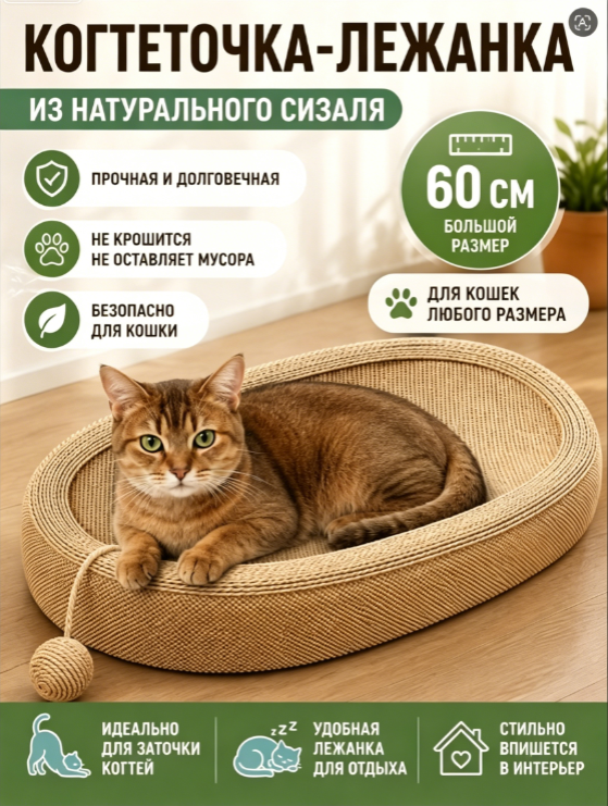 Когтеточка-лежанка для кошек из сизали крупного размера, прочная, не оставляет опилок