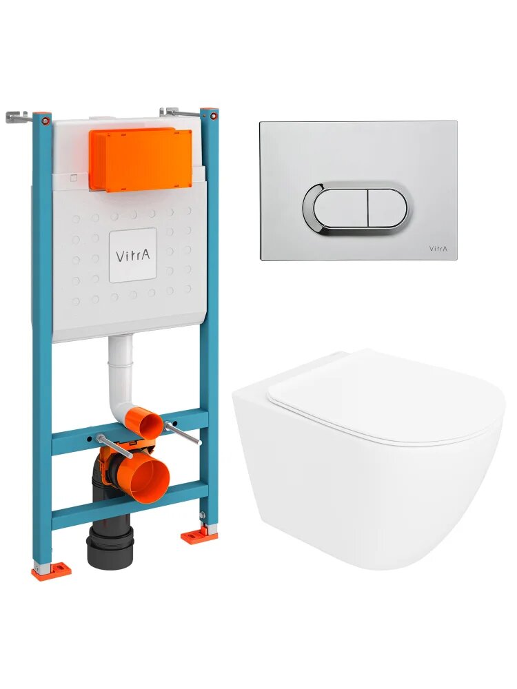Комплект 4 в 1: Инсталляция VitrA Ви-Фикс Кор (V-Fix Core) 732-5800-01 / Унитаз подвесной STWORKI Готланд S13401WH безободковый, с микролифтом / Кнопка Луп О (Loop O) 740-0940, сталь, Комплект креплений